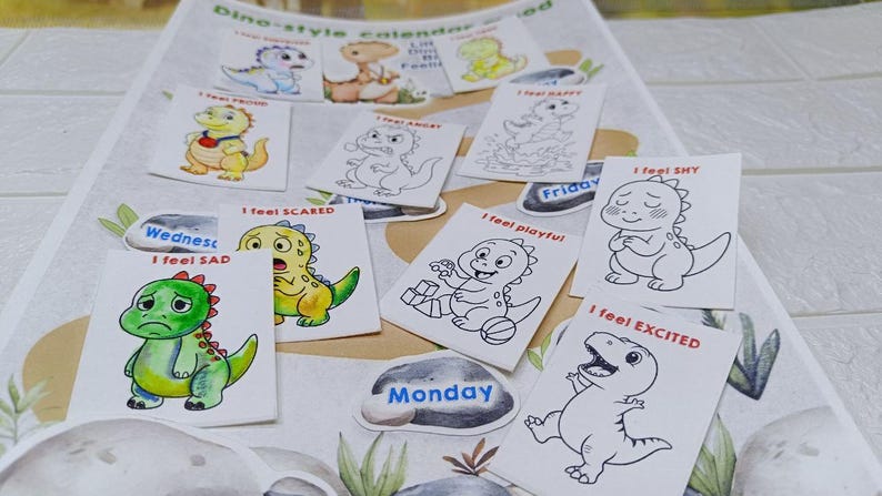 Dinosaur Mood Tracker: Kids Emotion Chart & Coloring Cards (digital ...
