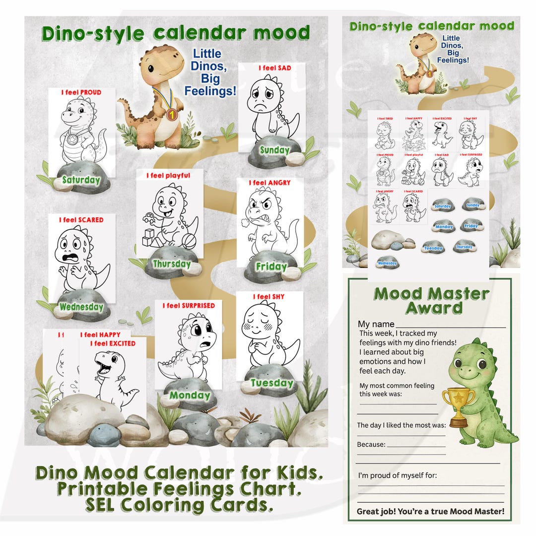 Fun Mood Tracker With Dinosaurs for Kids. Digital Calendar Template ...