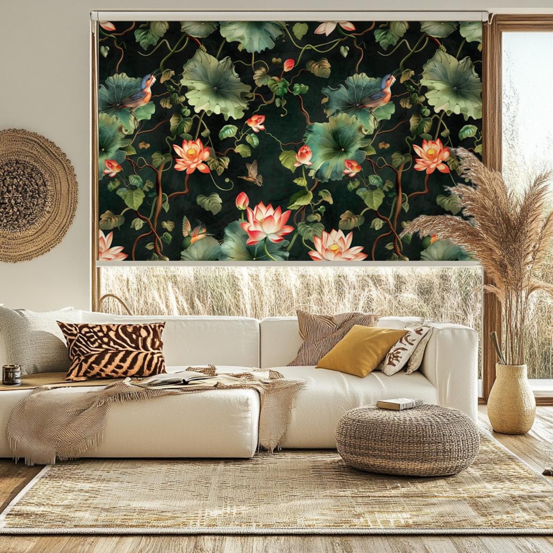 Botanical Lotus Flower Bird Roller Blind: Green Chinoiserie Blackout ...