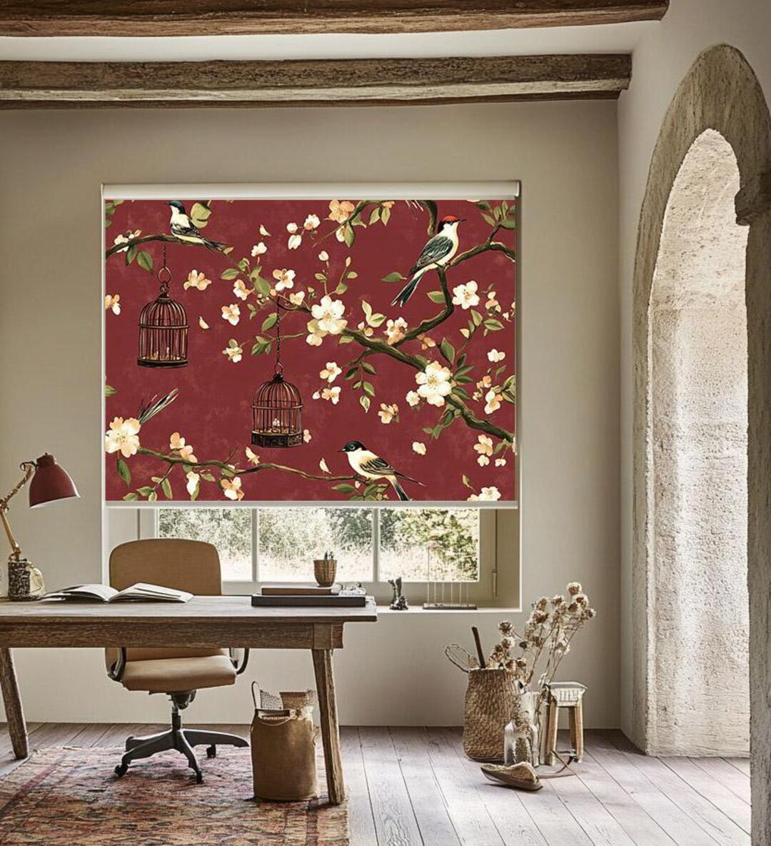 Burgundy Roller Blind, Chinoiserie Cherry Red Roller Shades, Japanese ...