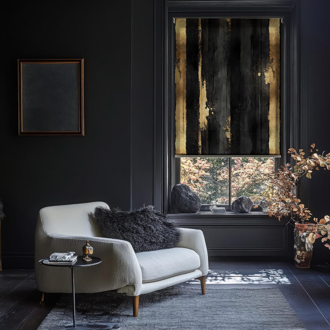 Marble Effect Roller Blind: Dark Gold, Black Accents, Modern Window ...