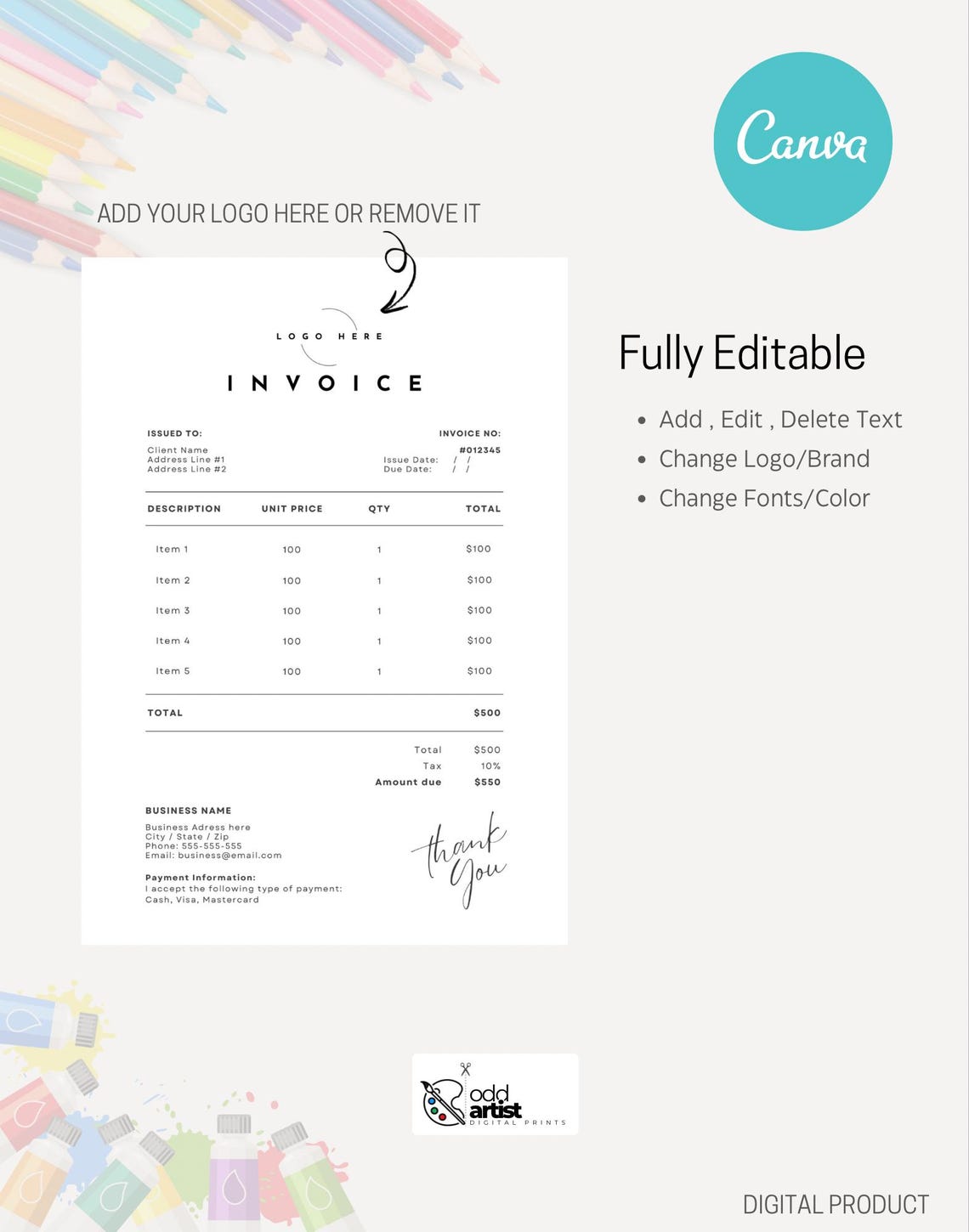 Invoice Template, Minimalist Invoice Template | Client Invoice | Small ...