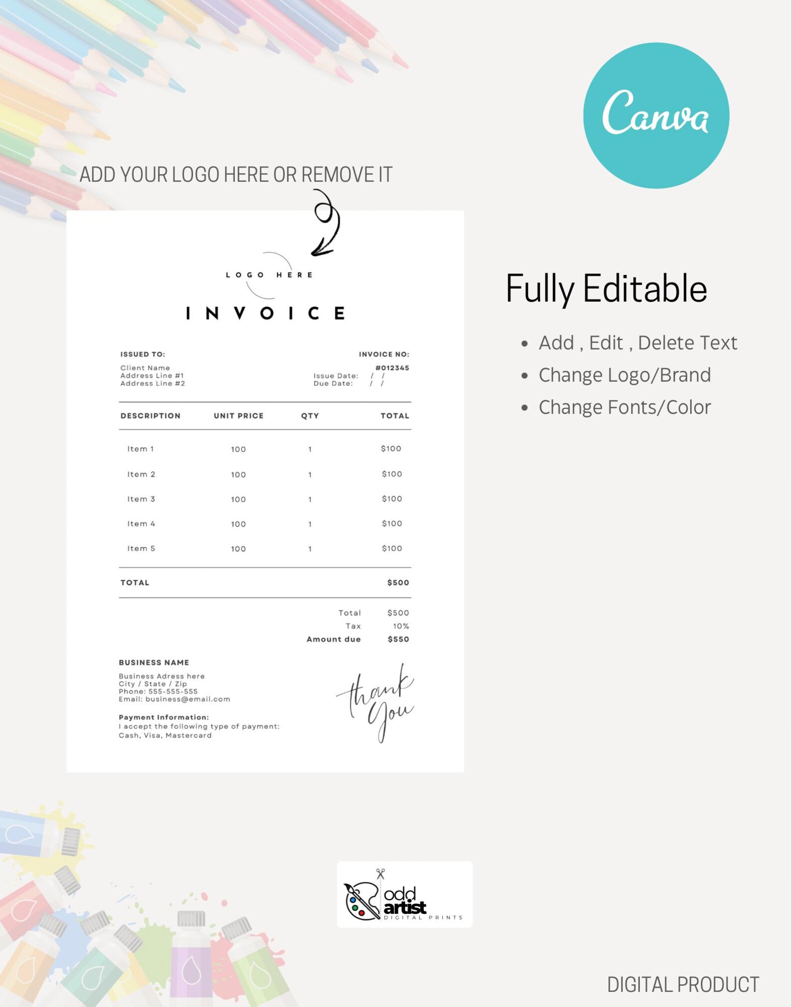 Invoice Template, Minimalist Invoice Template | Client Invoice | Small ...