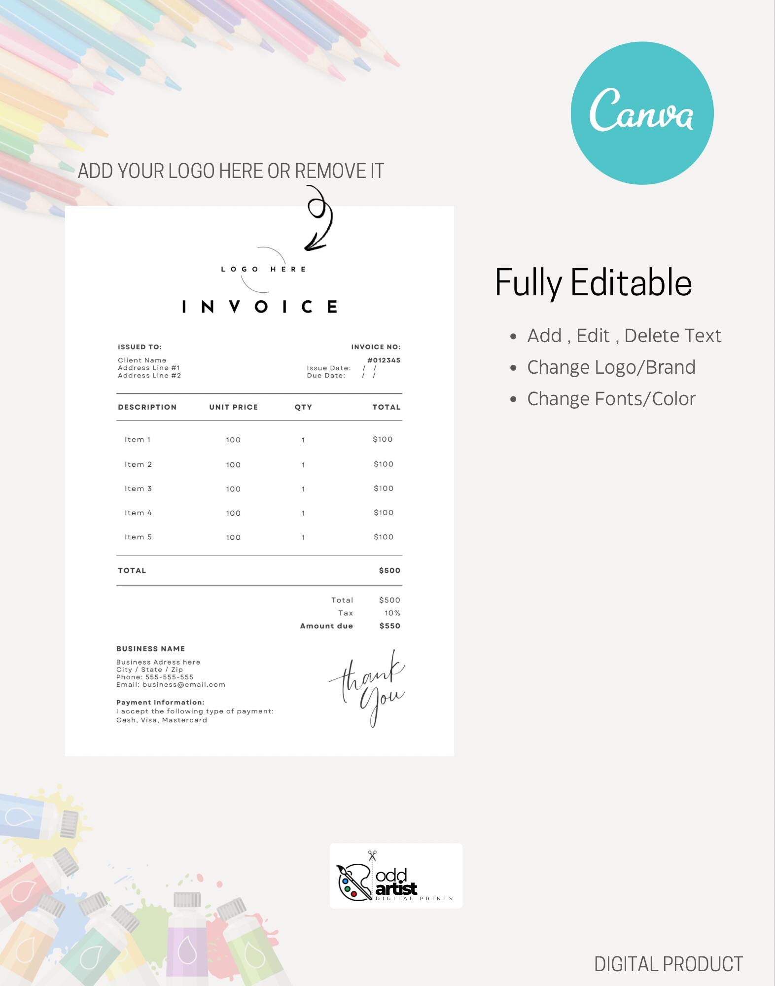 Invoice Template, Minimalist Invoice Template | Client Invoice | Small ...