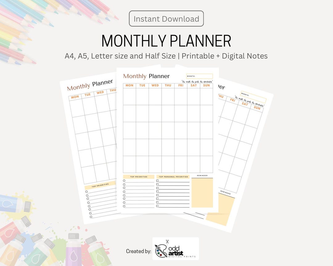 Monthly Planner | Printable + Digital (goodnotes, Notability, Etc ...