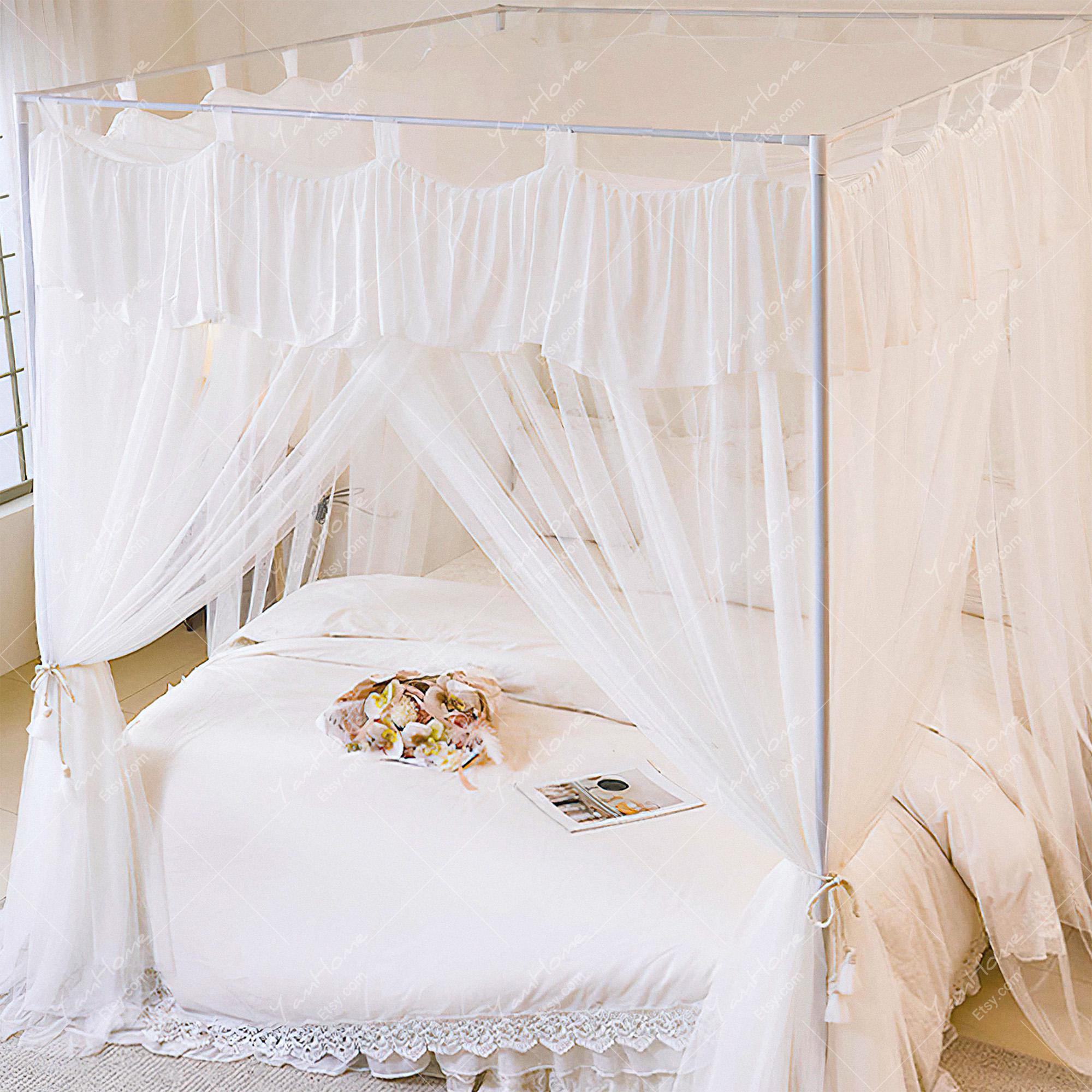 White Sheer Bed Canopy, French Style Lace Bed Mosquito Net, Elegant ...