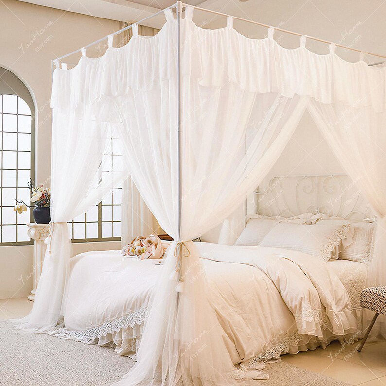 White Sheer Bed Canopy, French Style Lace Bed Mosquito Net, Elegant ...