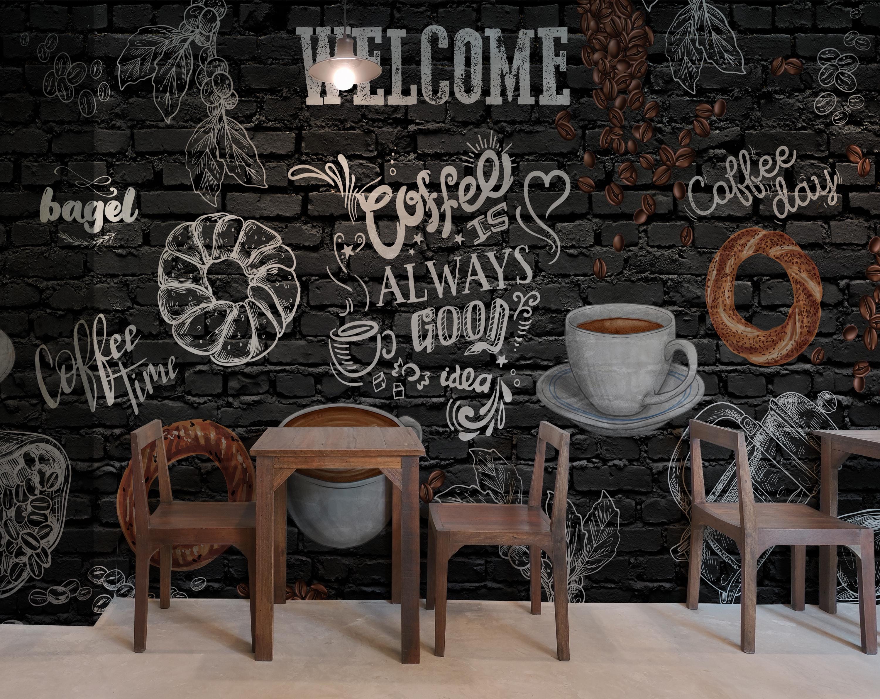 Cafe Wallpaper - Coffee Wallpaper - Cafe Bagel Wall Mural- Removable ...