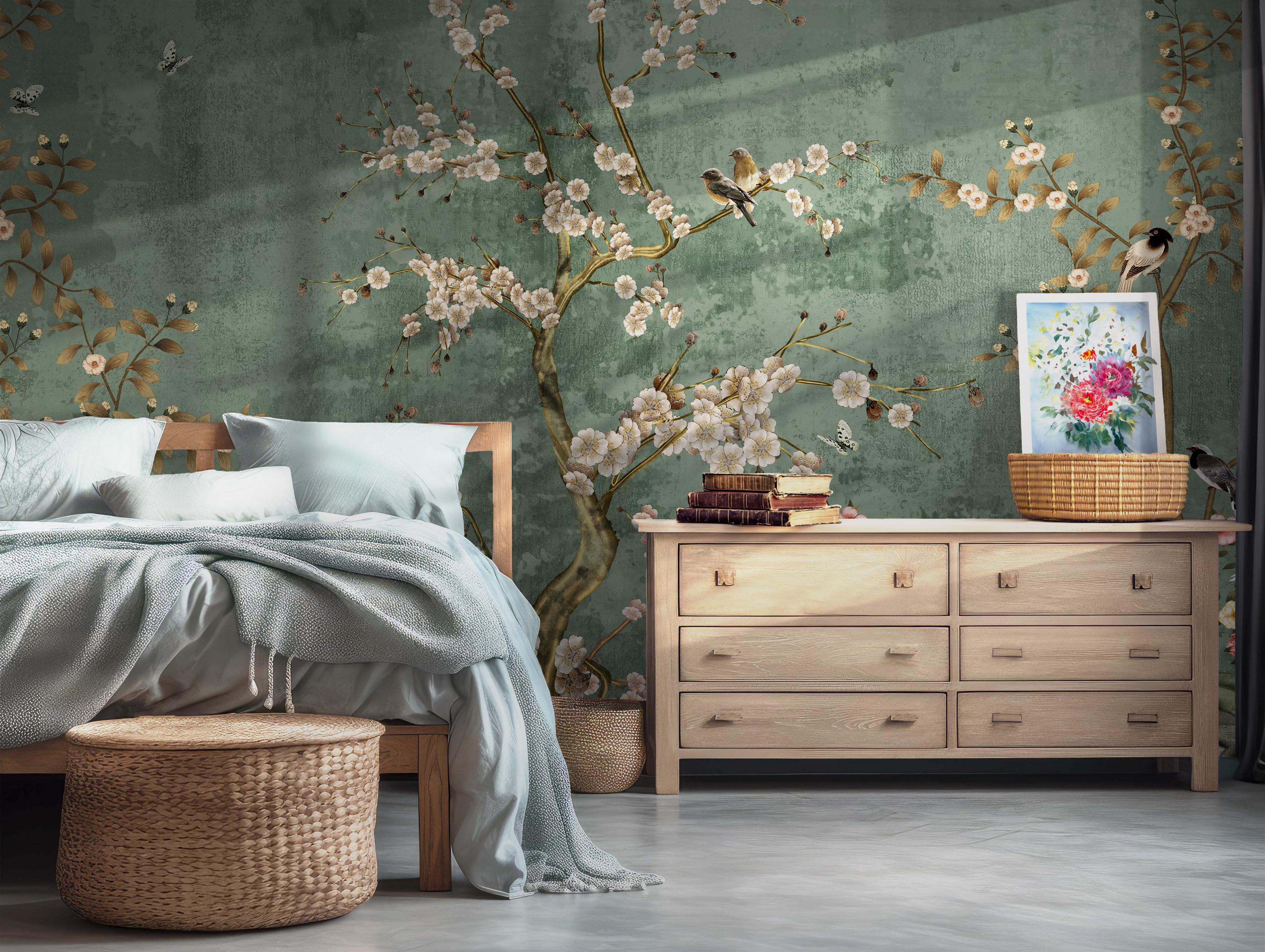 Chinoiserie Floral Wallpaper - Pastel Green Textured Background ...