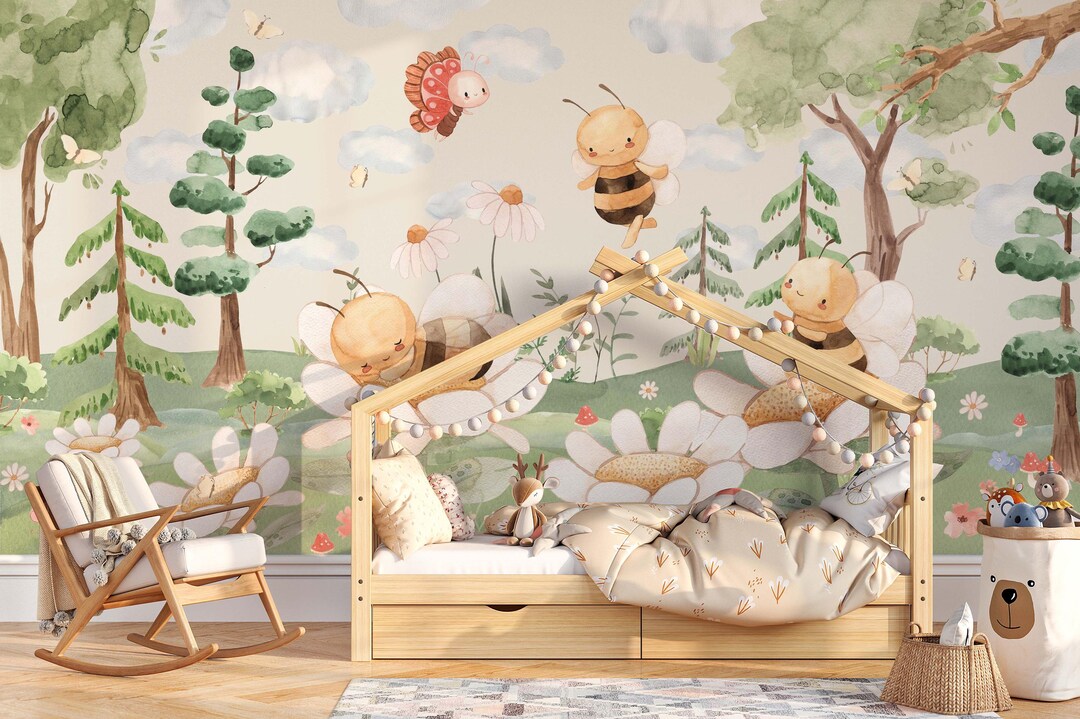 Bees Wallpaper for Kids - Cute Bees in the Forest Nursery Mural ...