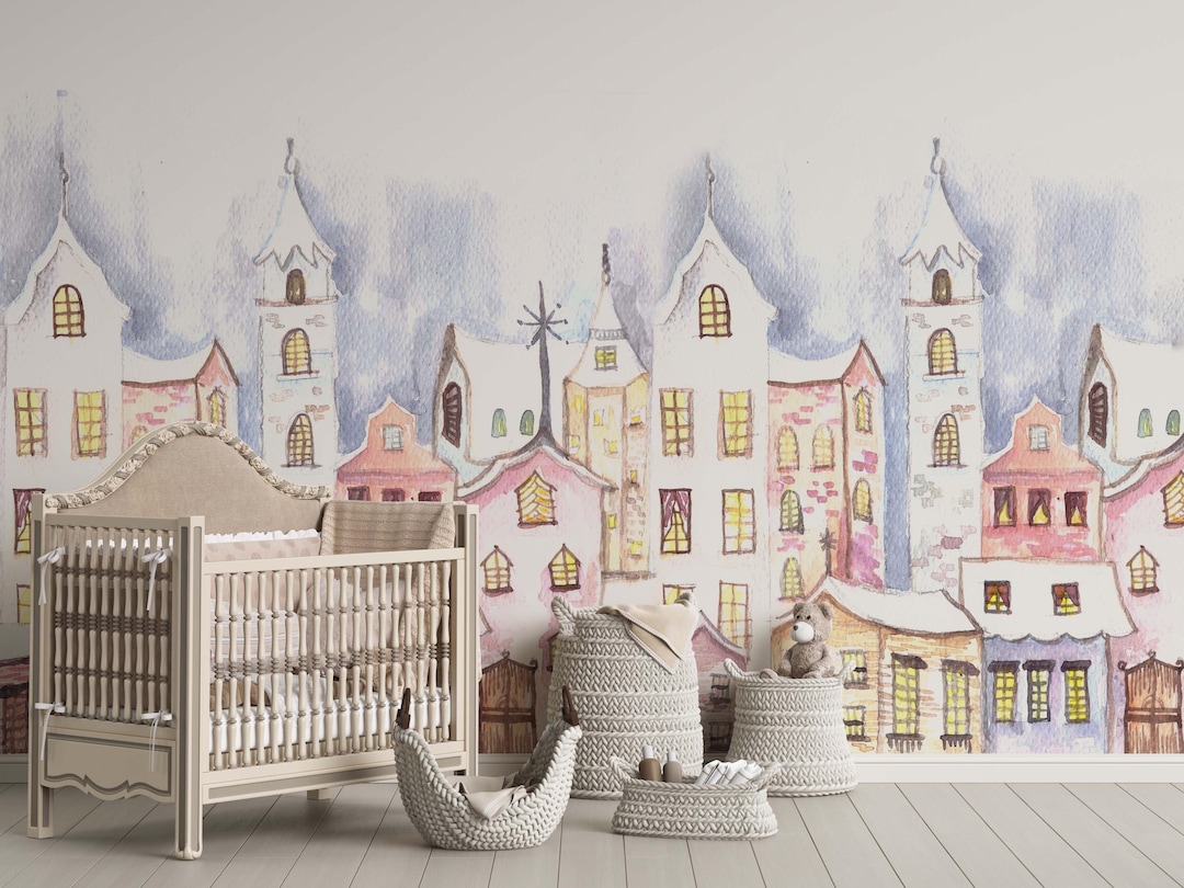 Kids Wallpaper Cute City Wallpaper - Nursery Wall Mural - Watercolor ...