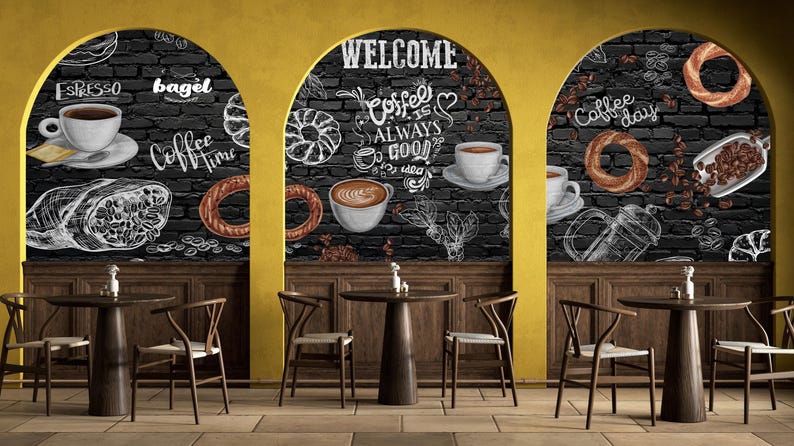 Cafe Wallpaper - Coffee Wallpaper - Cafe Bagel Wall Mural- Removable ...