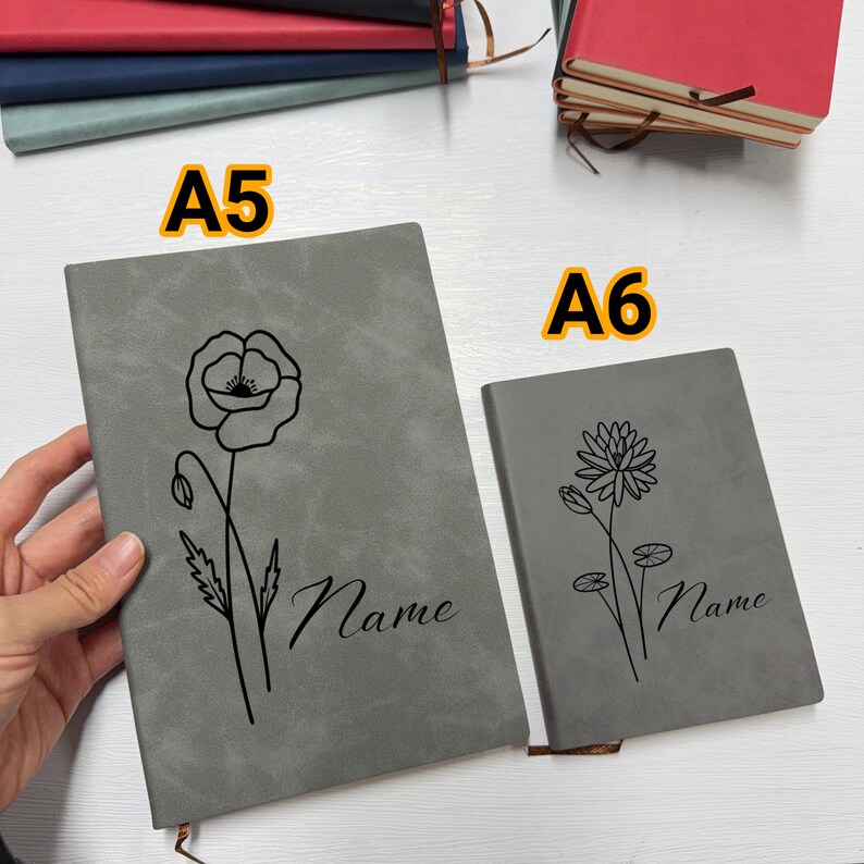 Custom Leather Journal With Name, Engrave Birthflower Journal ...