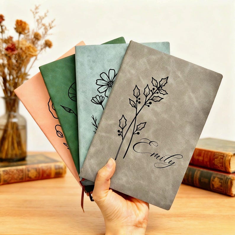 Custom Leather Journal With Name, Engrave Birthflower Journal ...