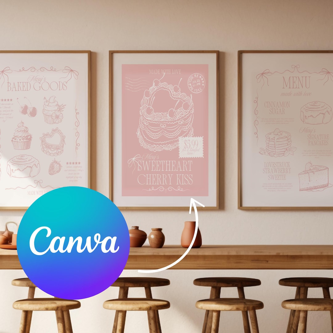 Vintage Dessert 3-pack Canva Template | Retro Wallart, Digital, Pink ...