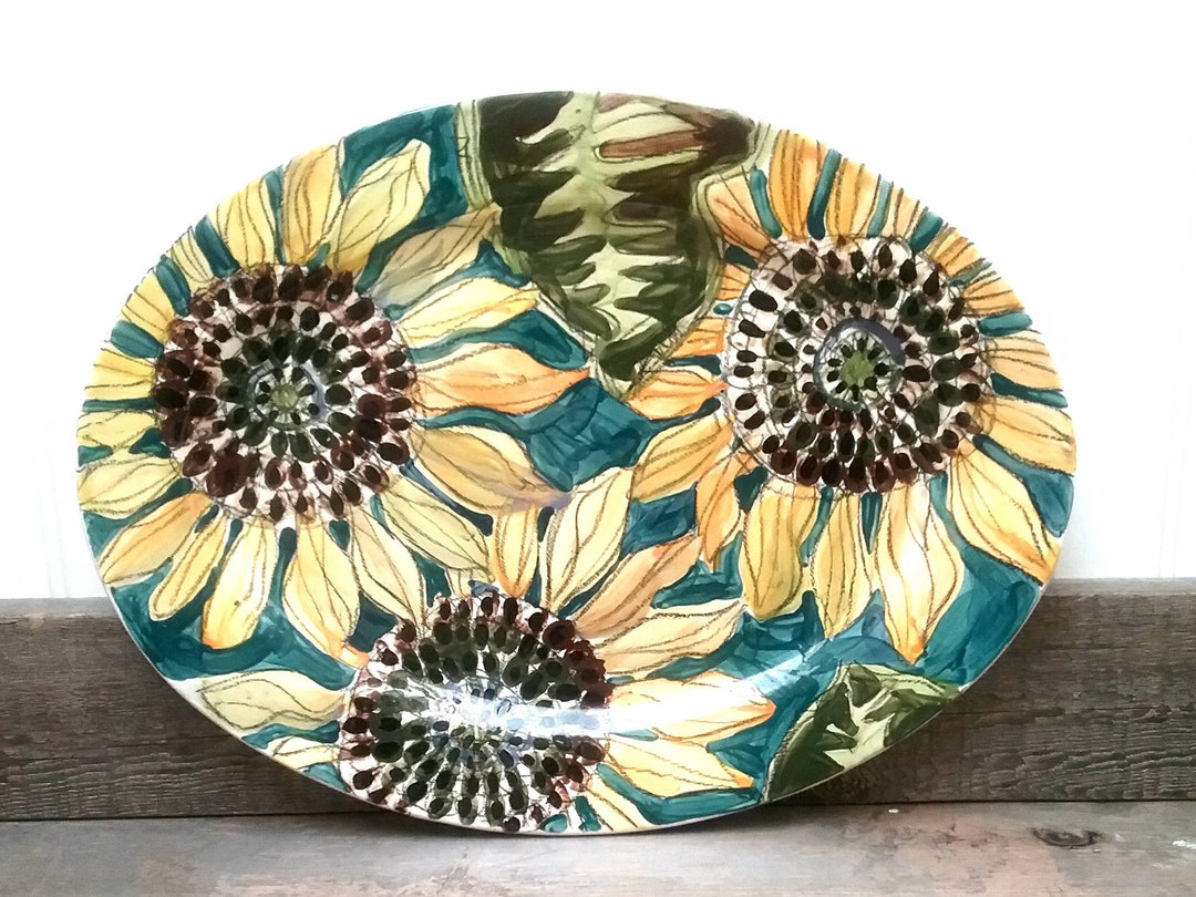 Sunflower Platter Gorgeous Hand Painted Sunflowers in Gold Yellow Teal ...