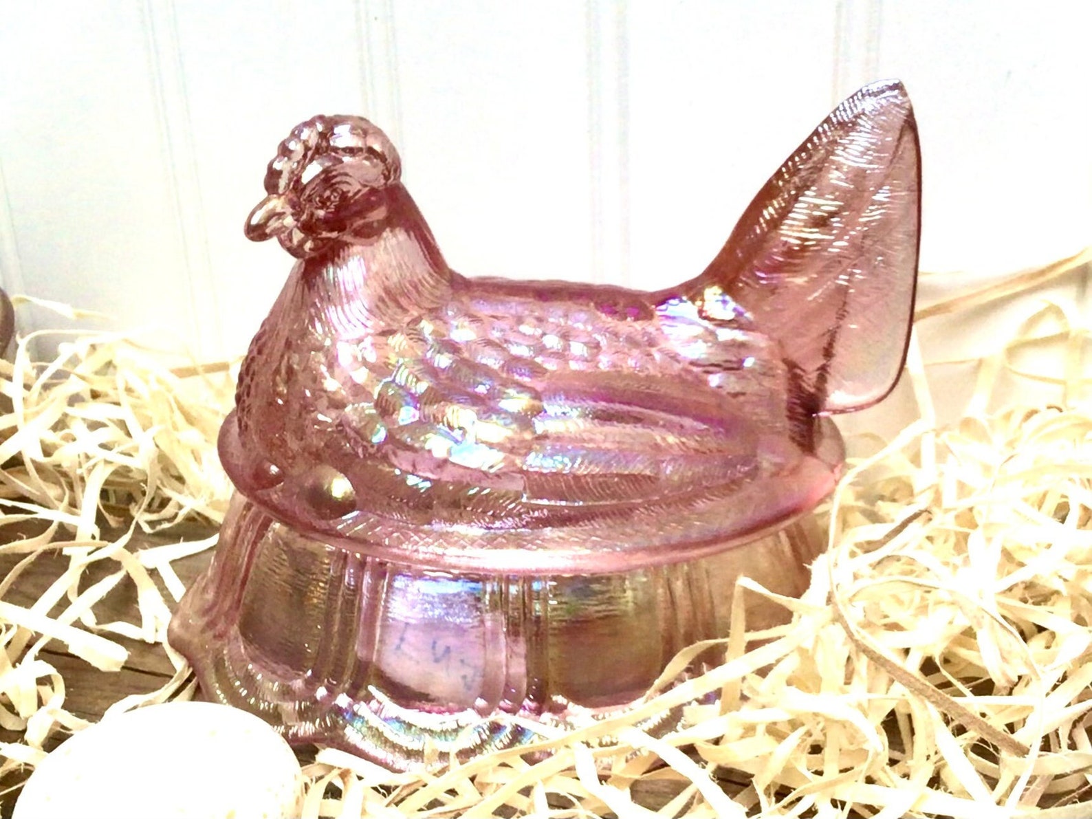 Iridescent Pink Glass Hen on Nest Vintage Collectible - Etsy
