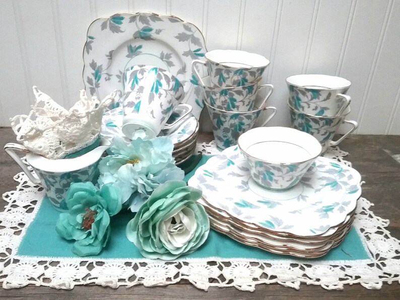 Royal Grafton Ashley Pattern Tea Set in Turquoise Grey and - Etsy