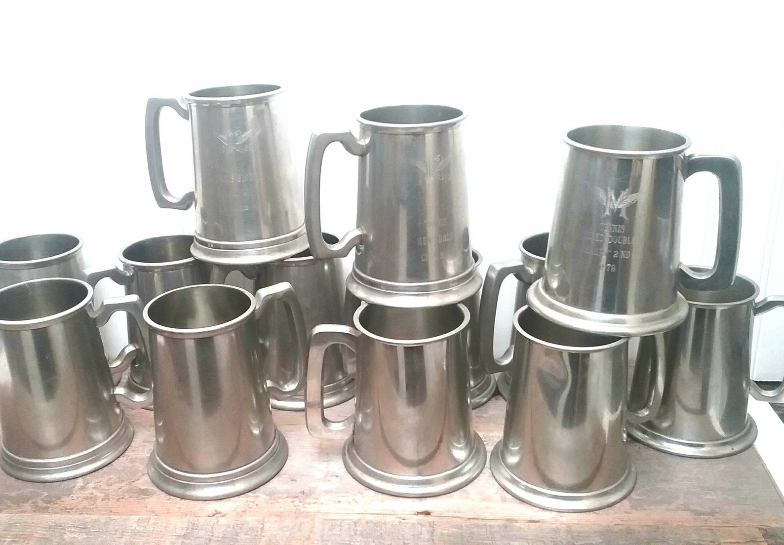 Sheffield Pewter Tankards Set of 13 pint mugs with glass | Etsy