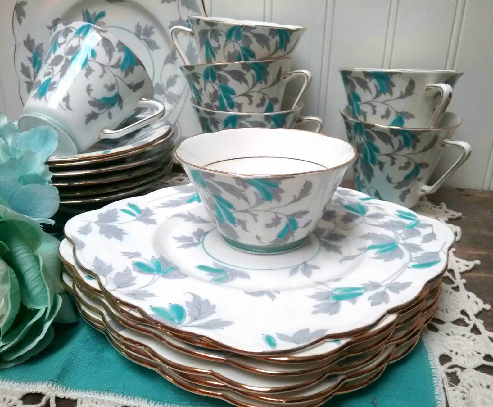 Royal Grafton Ashley Pattern Tea Set in Turquoise Grey and | Etsy