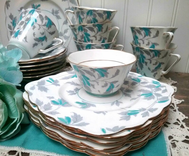 Royal Grafton Ashley Pattern Tea Set in Turquoise Grey and - Etsy