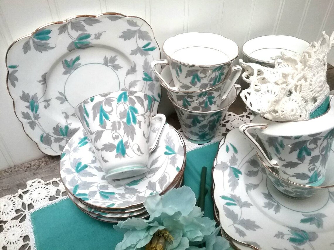 Royal Grafton Ashley Pattern Tea Set in Turquoise Grey and - Etsy