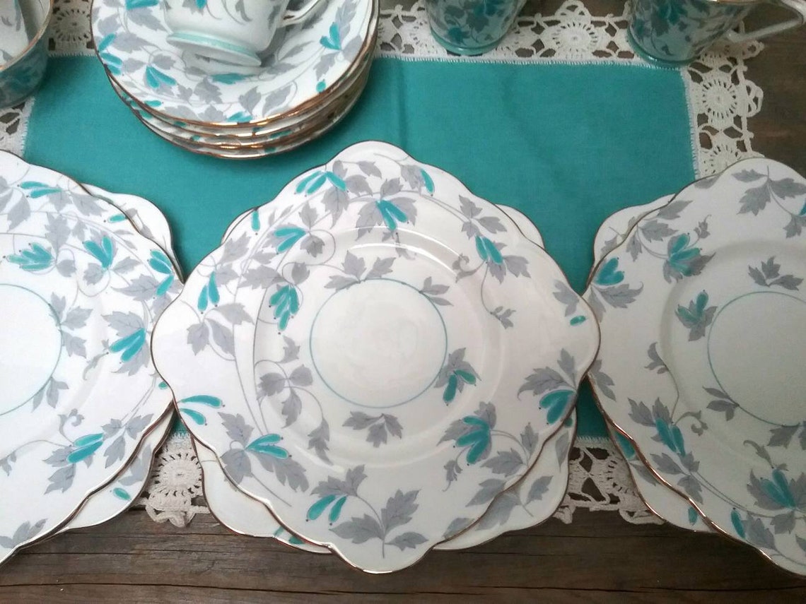 Royal Grafton Ashley Pattern Tea Set in Turquoise Grey and | Etsy