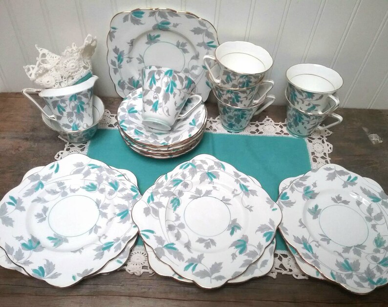 Royal Grafton Ashley Pattern Tea Set in Turquoise Grey and - Etsy