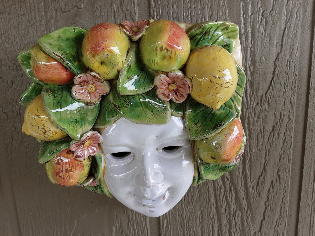 Beautiful Vintage Bacchus Mask Girl With Green Apples and Lemons in ...
