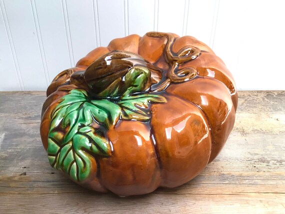 Fall Decor Great Large Ceramic Pumpkin With Stem and Leaves - Etsy