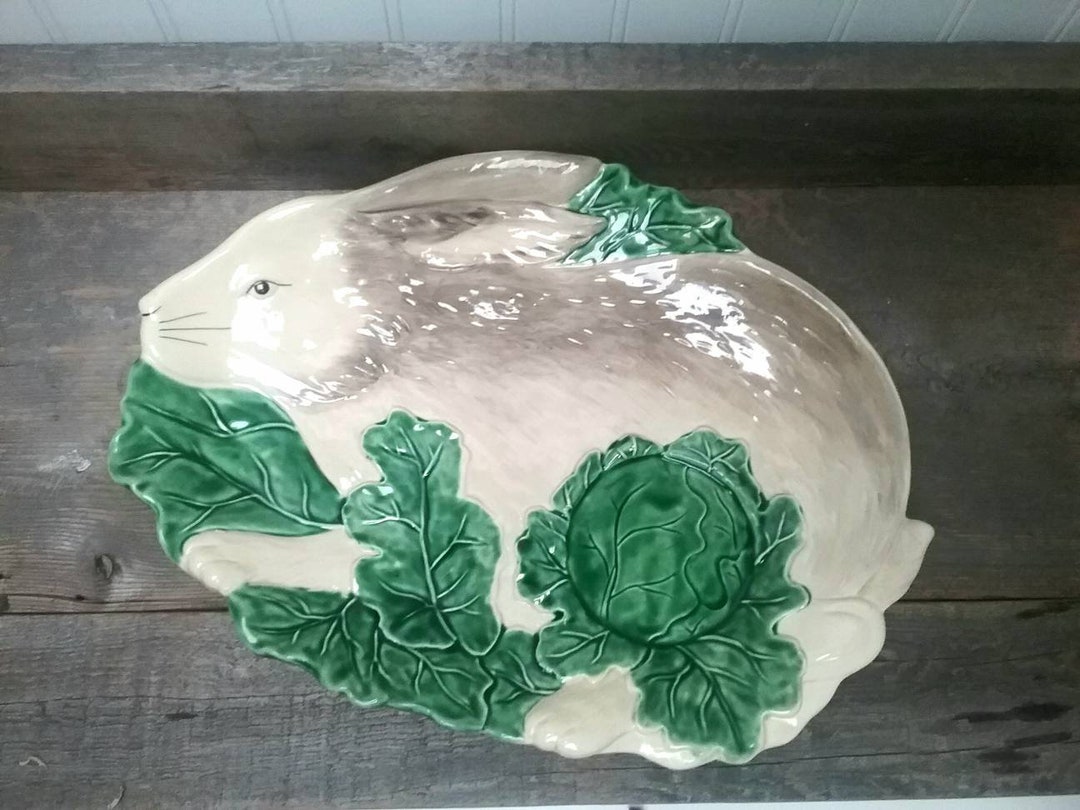 Vintage Folk Art Grey and White Rabbit With Cabbage Majolica Pottery ...