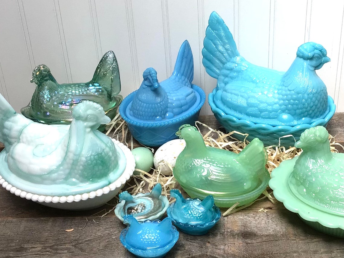 Glass Hen on Nest in Turquoise Milk Glass Collectable Vintage - Etsy