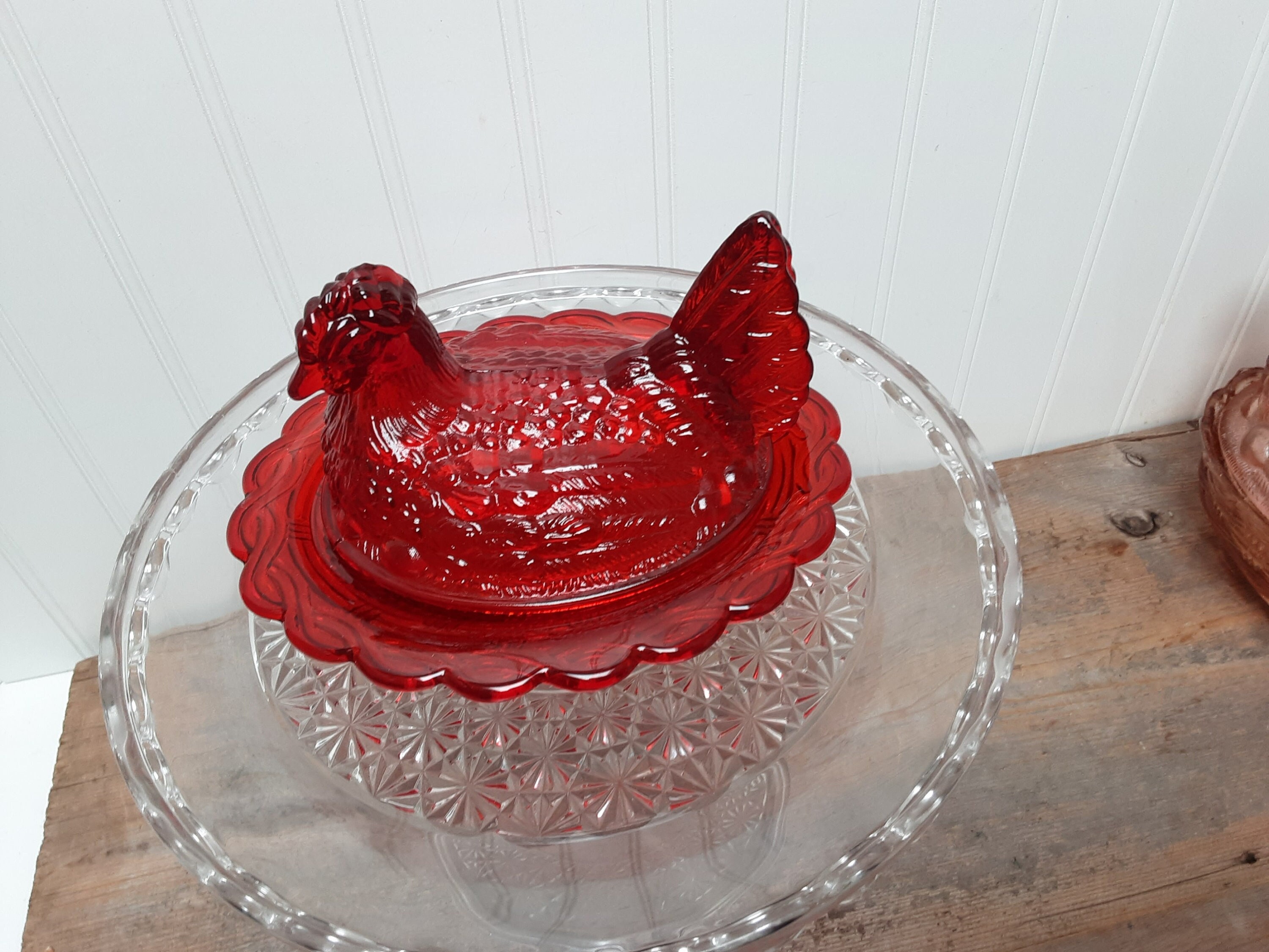 Vintage Red Glass Hen on Nest - Etsy