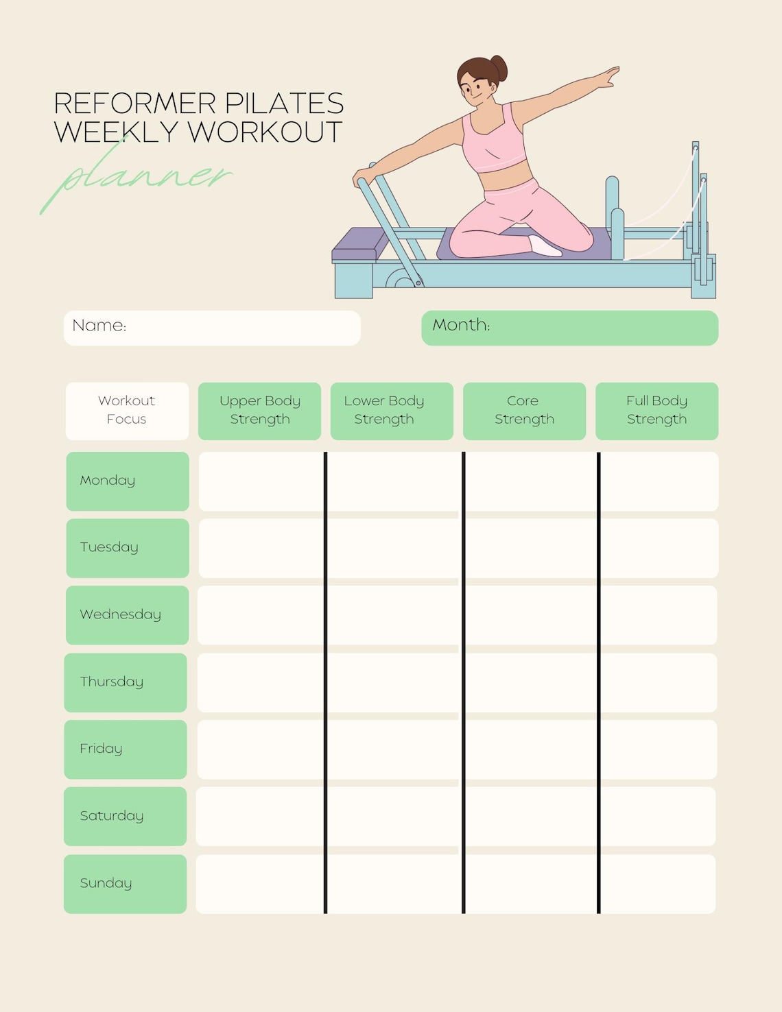 Reformer Pilates Workout Sheet - Etsy