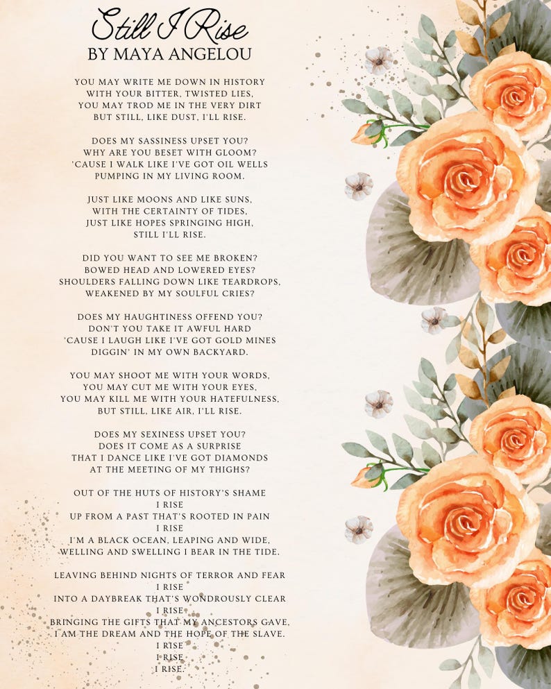 Still I Rise – Maya Angelou Poem Digital Artwork, Printable Design ...