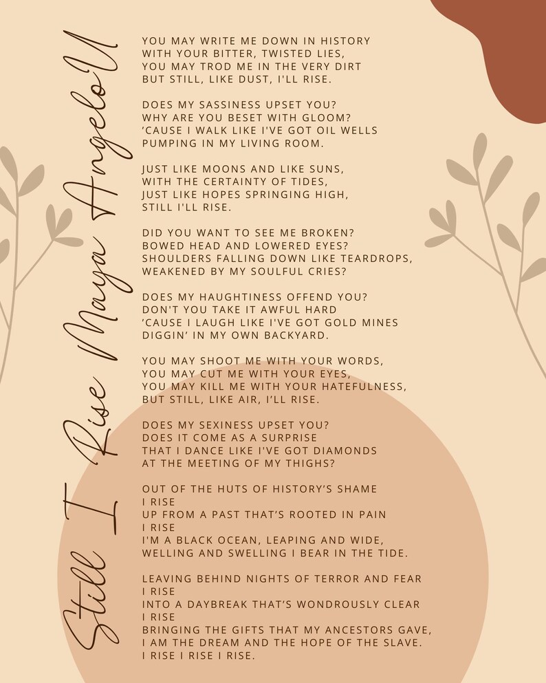 Still I Rise – Maya Angelou Poem Digital Artwork, Printable Design ...