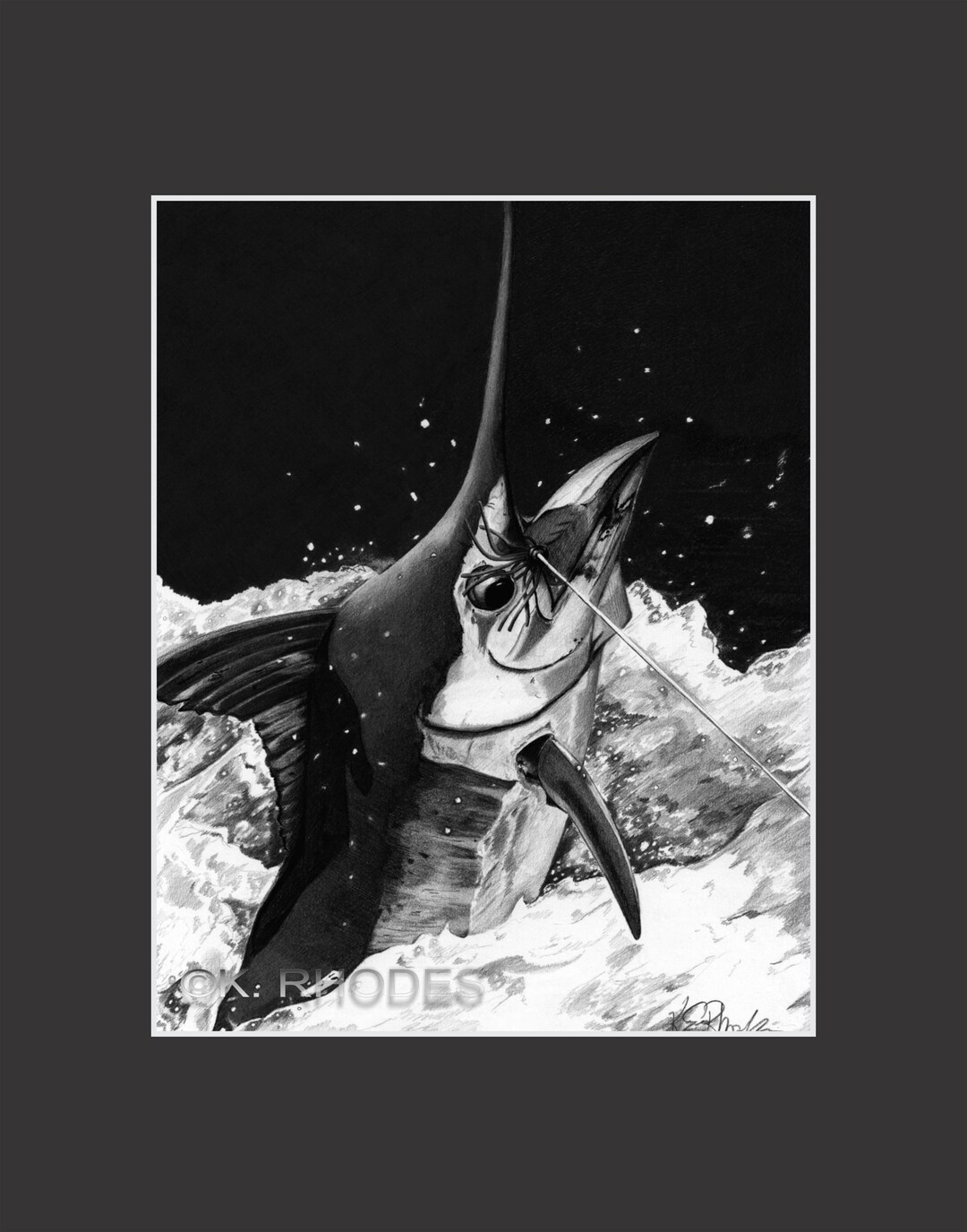 Blue Marlin Hooked up in Black and White Matted Print Sportfishing ...