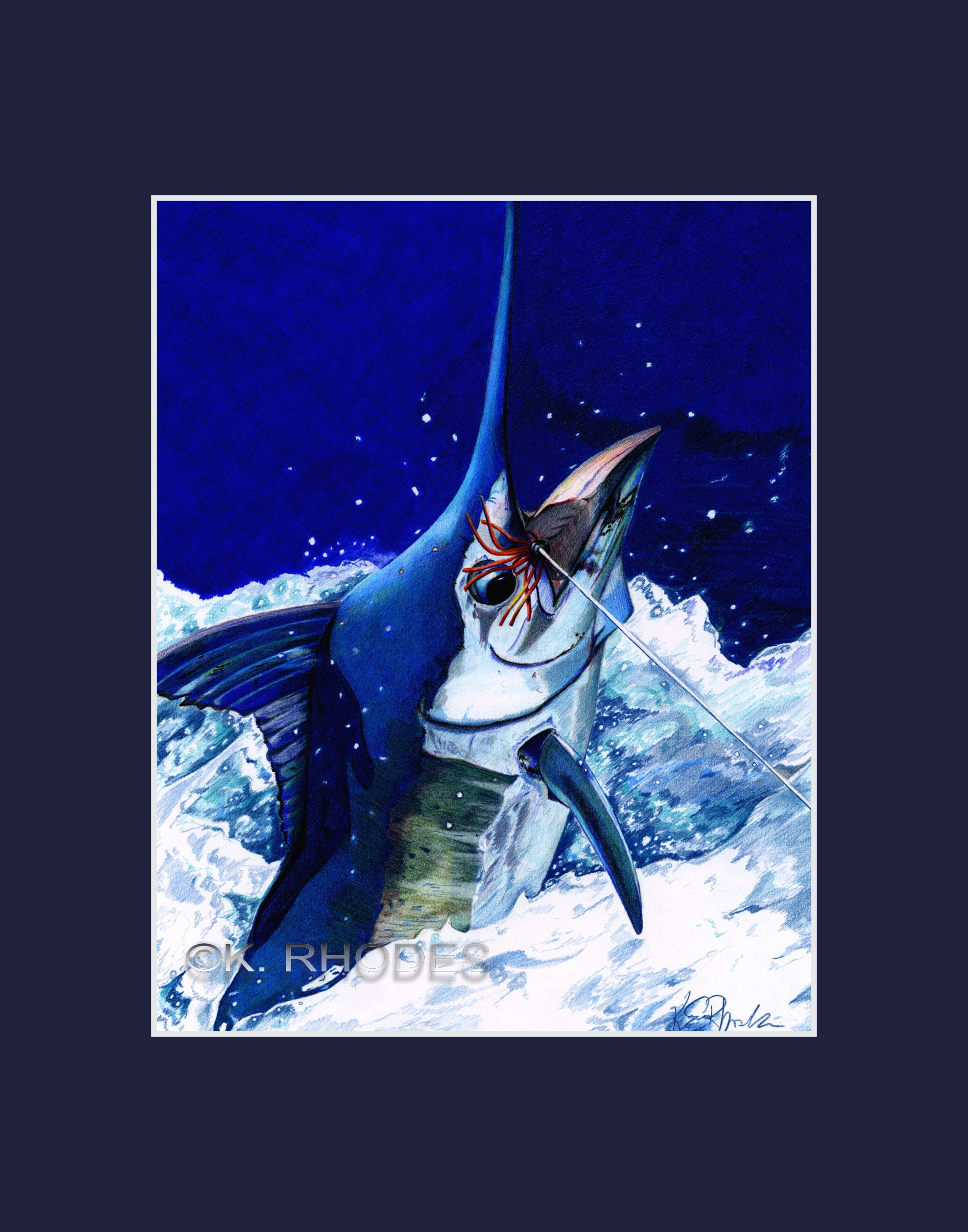 Blue Marlin Hooked up Billfish Skirted Lure Matted Print Sportfishing ...
