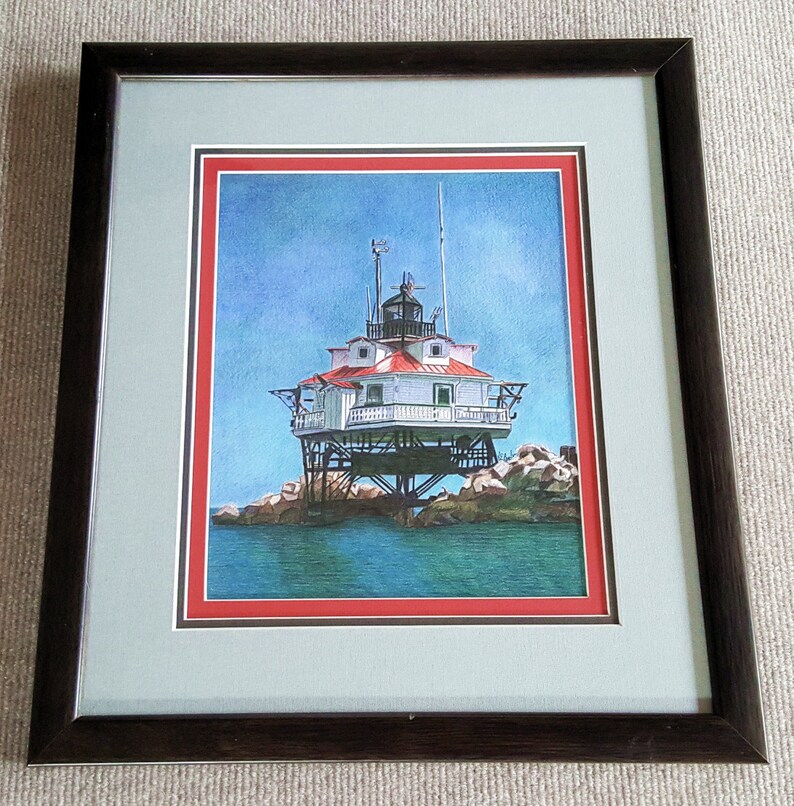 Thomas Point Lighthouse Original Colored Pencil Art Matted and Framed ...