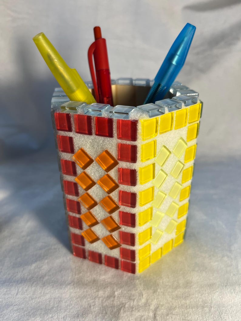 Mosaic Pen Holder DIY Kit, Hexagon Pine Wood Base, Rainbow Geometric ...