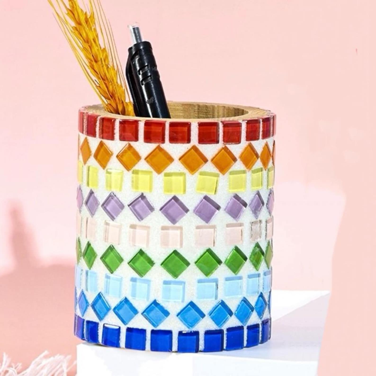 DIY Mosaic Pen Holder Kit – Round Wooden Desk Organizer, Beginner Craft ...
