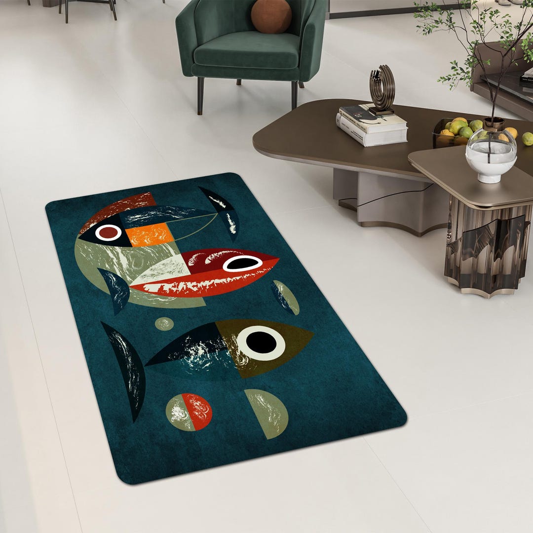 Fish Rug Washable, Custom Bathroom Rug Runner, Fish Area Rug, Abstract ...