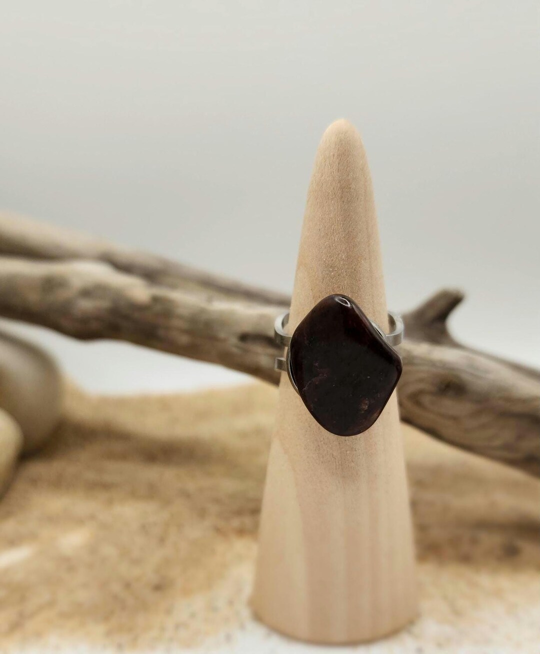 Stainless Steel Adjustable Cuff Ring With Authentic Irregular Brown ...