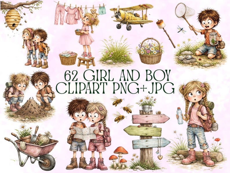 Hand-drawn Camping Adventure Clipart Bundle, Kids Outdoor PNG (digital ...