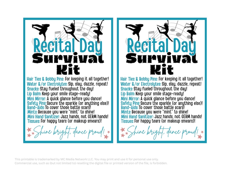 Recital Day Survival Kit Printable Tag, Dance Recital Gift Bag Tag ...
