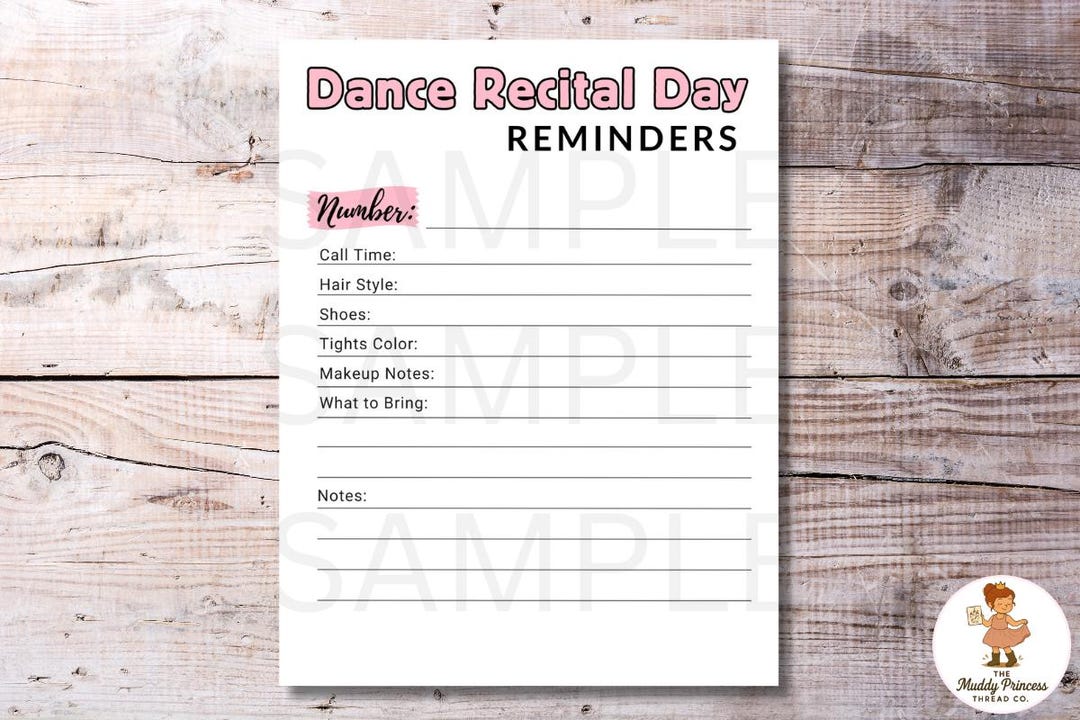 Dance Recital Day Reminder Card – Printable Dance Recital Notes Sheet ...
