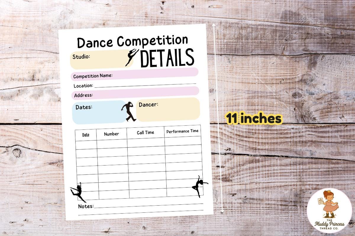 Dance Competition Details Info Printable Planner, Performance Schedule ...