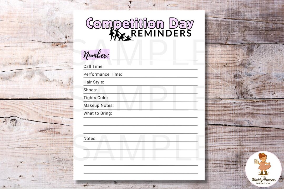 Competition Day Reminder Card – Printable Dance Recital Notes Sheet for ...