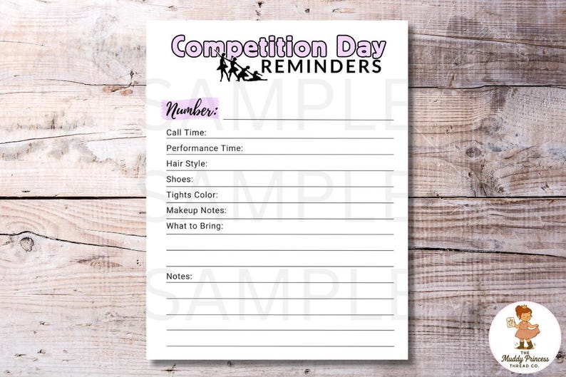 Competition Day Reminder Card – Printable Dance Recital Notes Sheet for ...