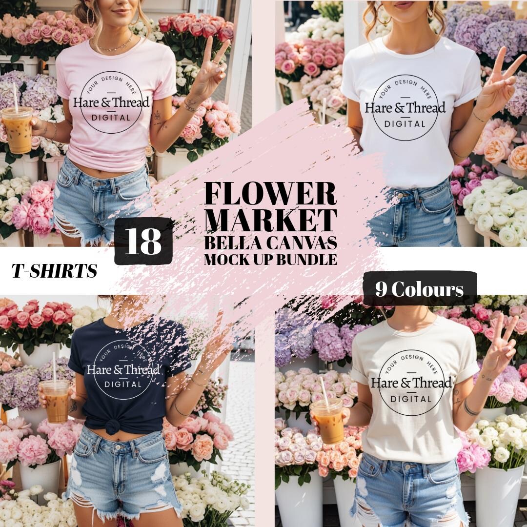 Pastel Flower Market T-shirt Mockup Bundle: Bella Canvas 3001, Model ...